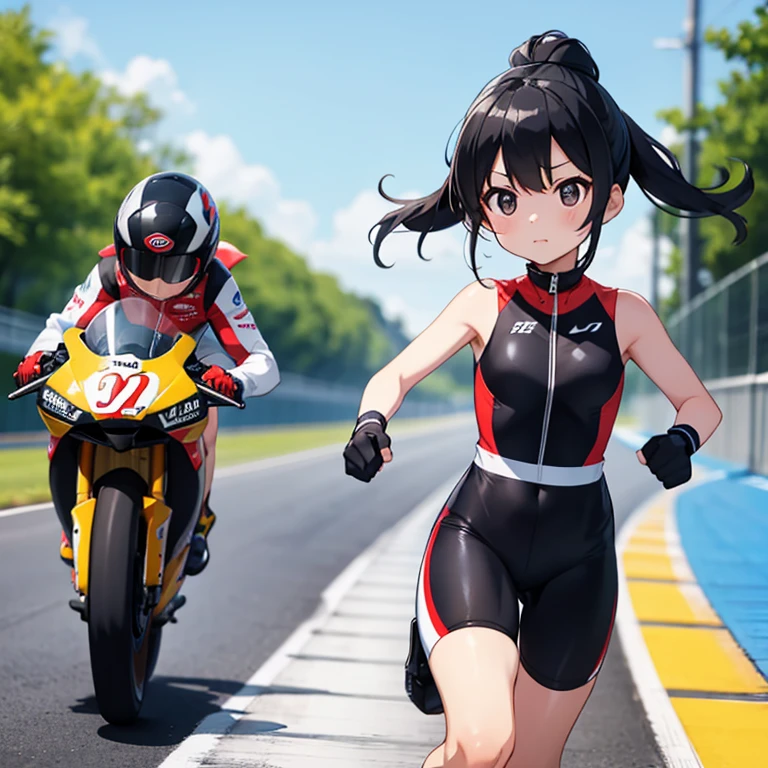 tiny mascot girl , Front of the posture of a female racer running on a ...