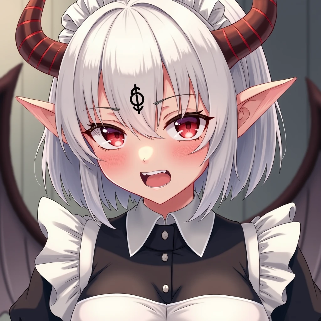 anime girl, Elf, with demon horns and a pentogram on his forehead ...