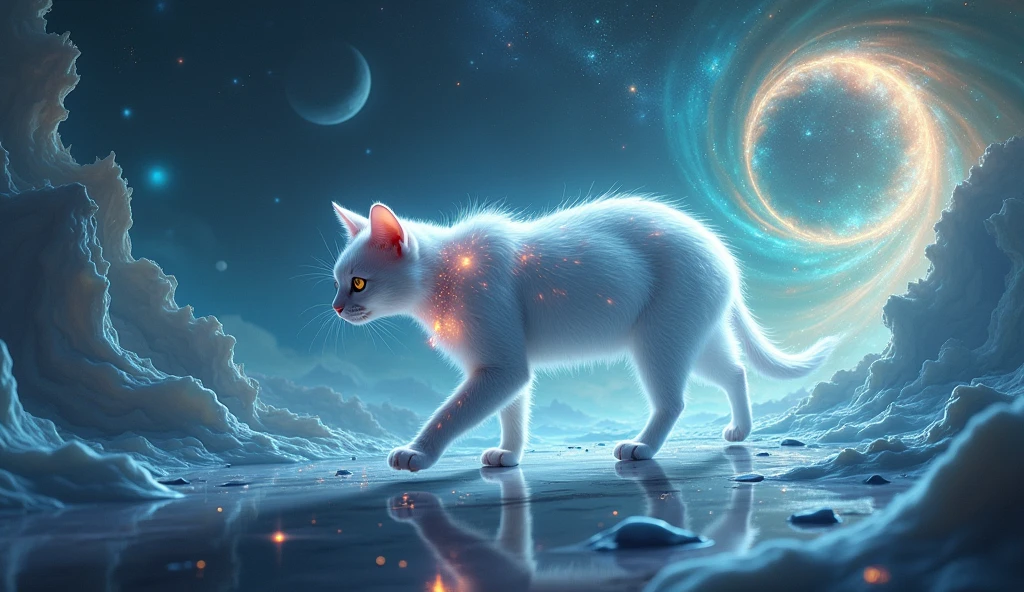 "A cat walking through an ethereal space between worlds, surrounded by ...