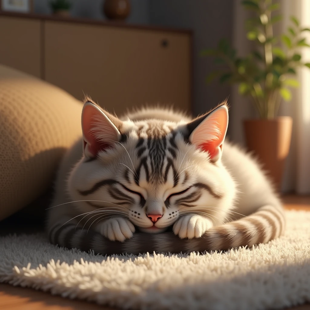 A cat curled up with paws covering its face, realistic, photorealistic ...