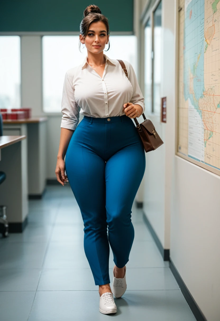 TEACHER medium brunette, White shirt, Blue pants, shoes chocolates hair ...