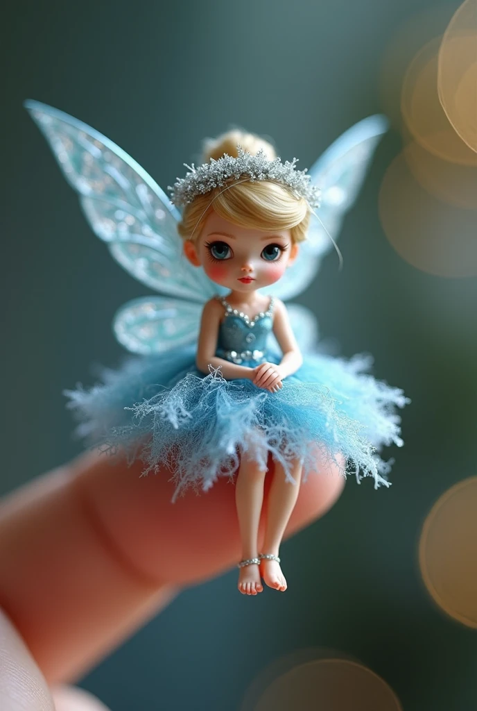 Beautiful tiny Christmas fairy on a finger in blue dress with tinsel ...