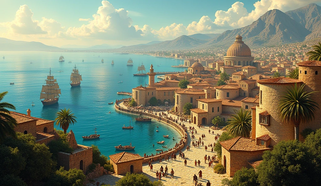 A sprawling ancient Phoenician coastal city, set against the backdrop ...
