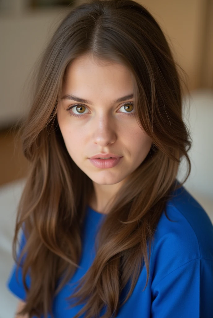 Close up of a brown-haired woman with a blue blouse, s tumblr - SeaArt AI