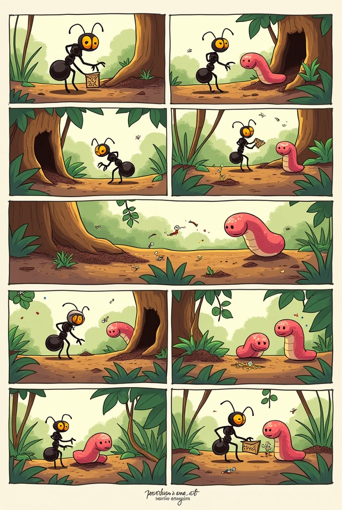 Comic strip of 16 paintings about an ant and an earthworm - SeaArt AI