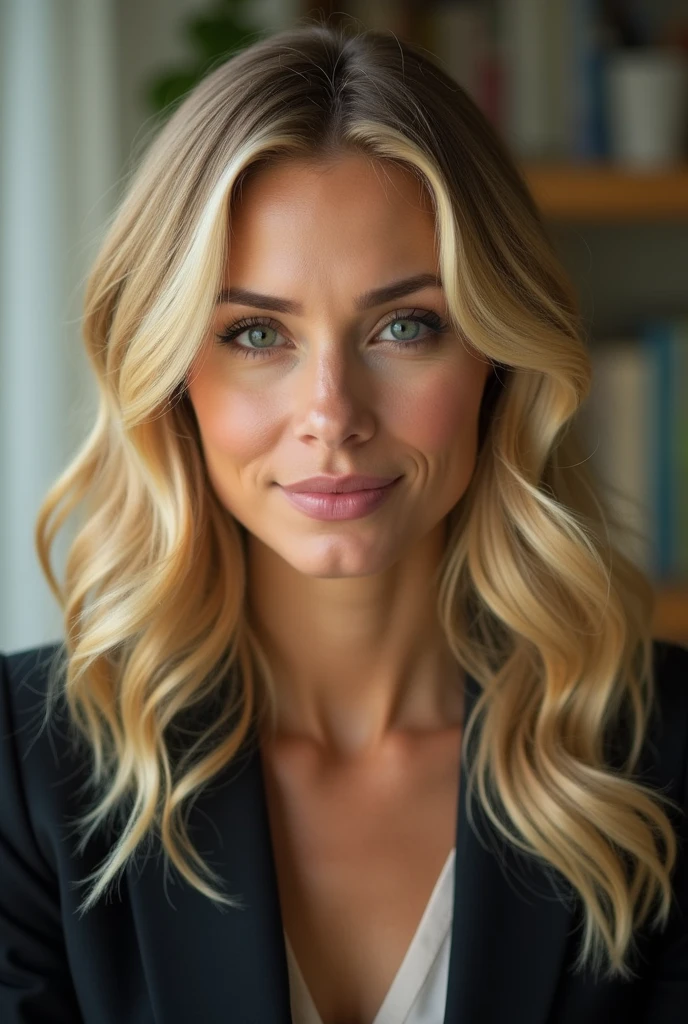 A close up of a woman with long blonde hair and a suit, alana fletcher ...