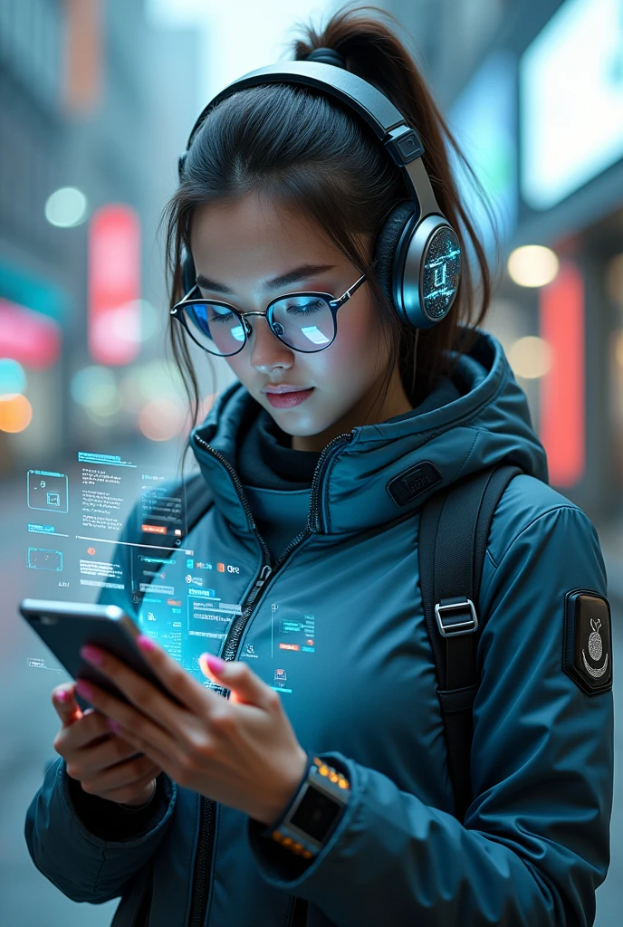 Woman wearing technological clothes , with digital watches - SeaArt AI