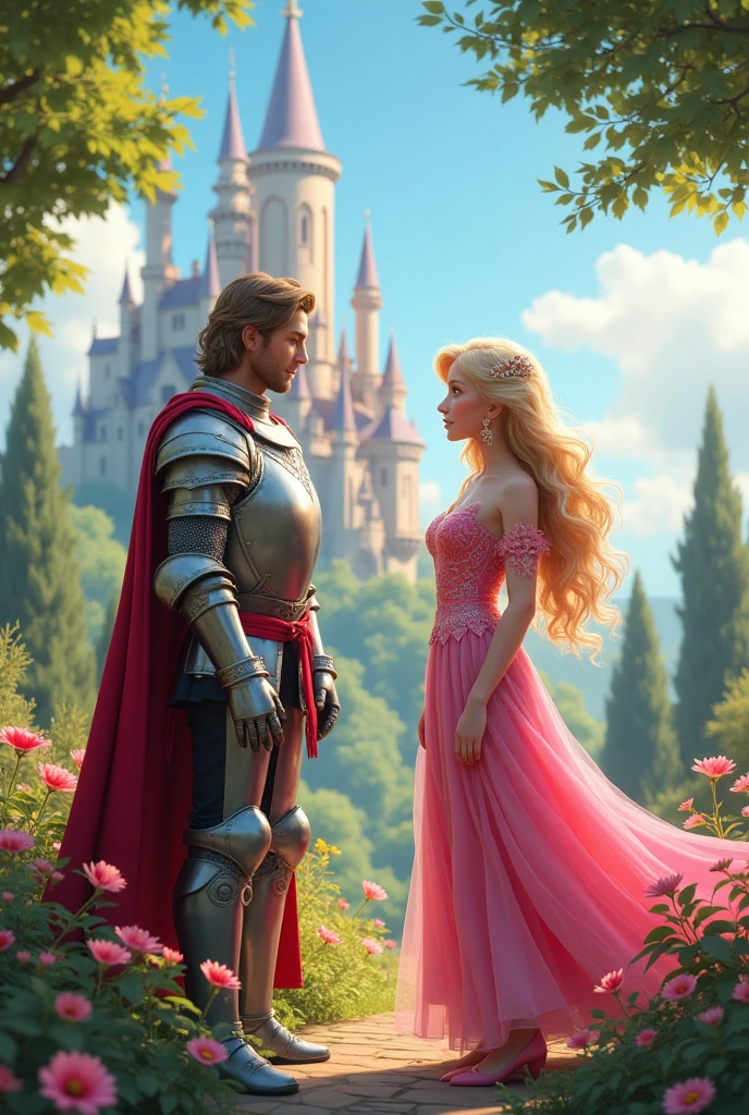 A knight name Gareth talking to Princess Aurora with pink dress - SeaArt AI