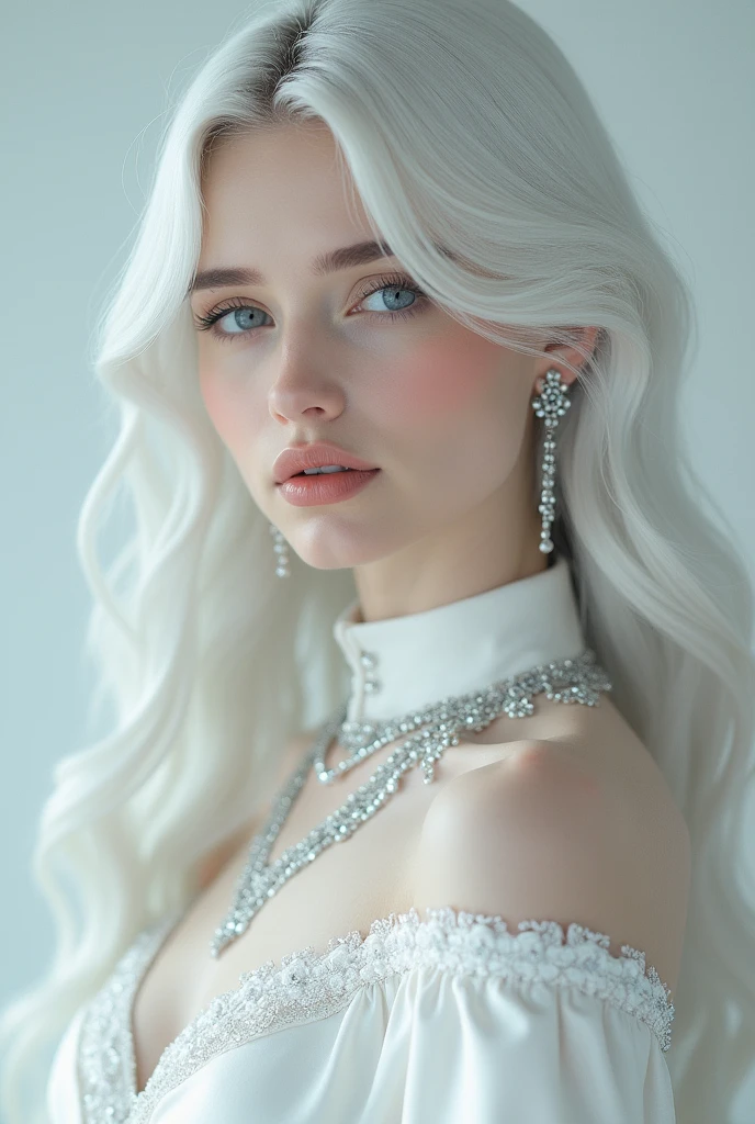 Female,pale white skin,long silver hair,light blue eyes,white satin turtleneck g - SeaArt AI