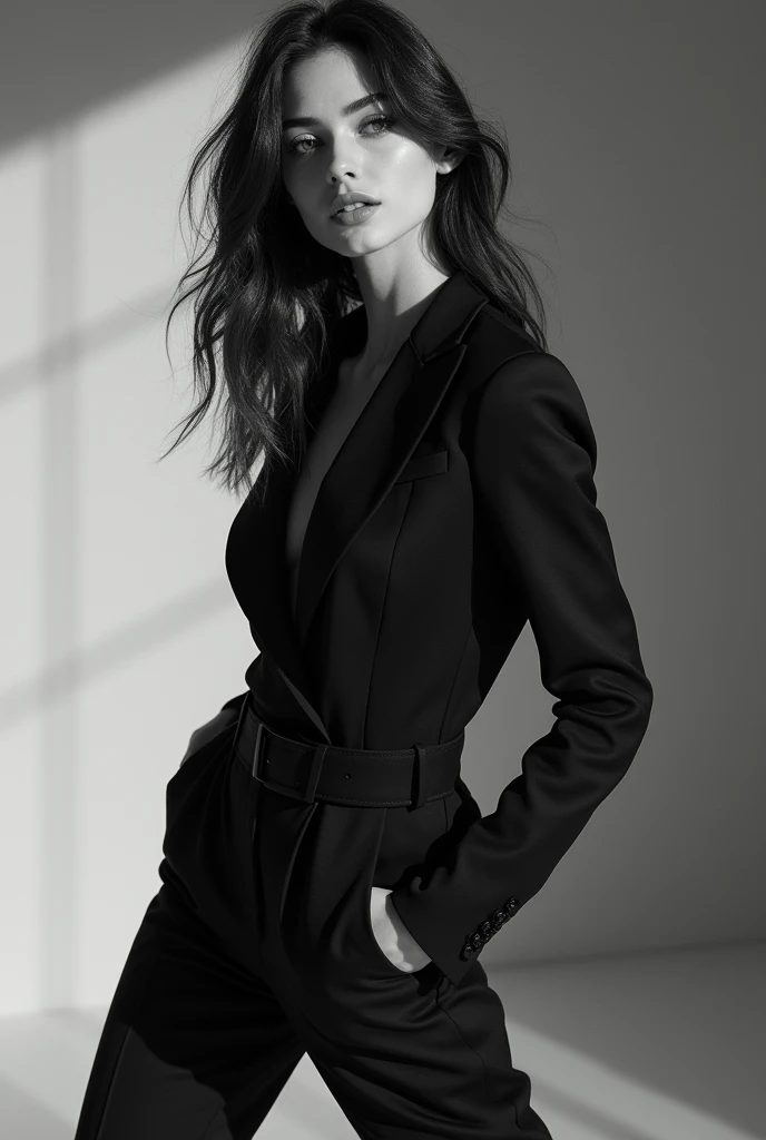 Girl modeling for ad Zara black and white - SeaArt AI