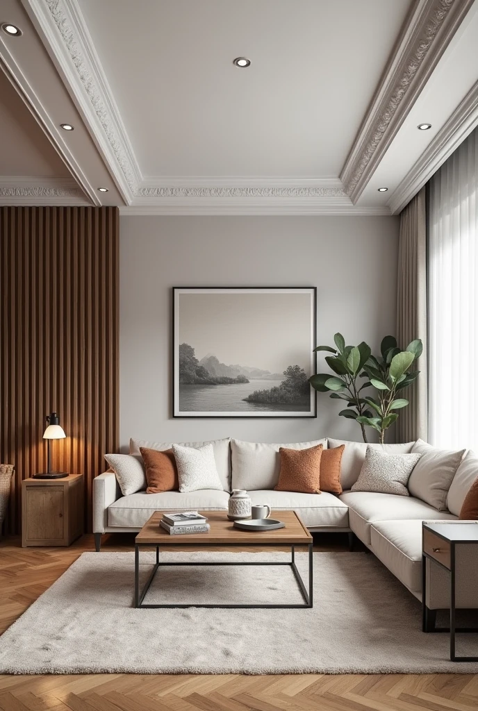 Living room white drywall ceiling with molding, light gray wall - SeaArt AI