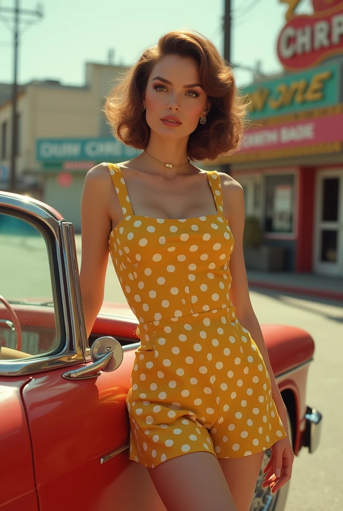 Laura Haddock nos anos 60, with a voluminous hairstyle and a polka ...
