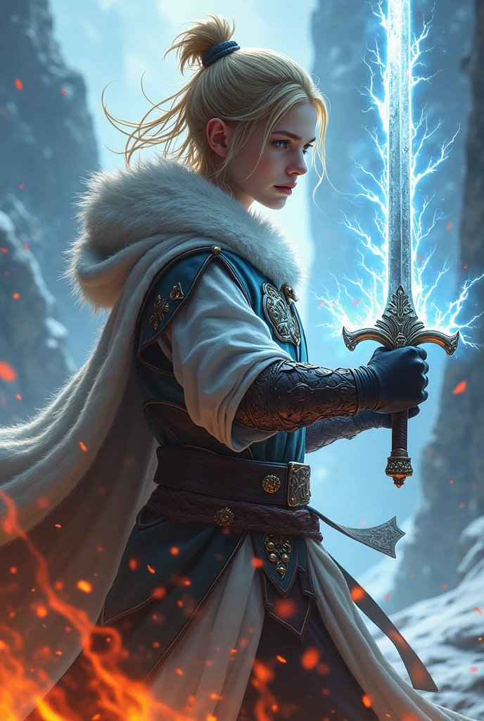 Young man around 18 who is a magic swordsman with tied blond hair ...