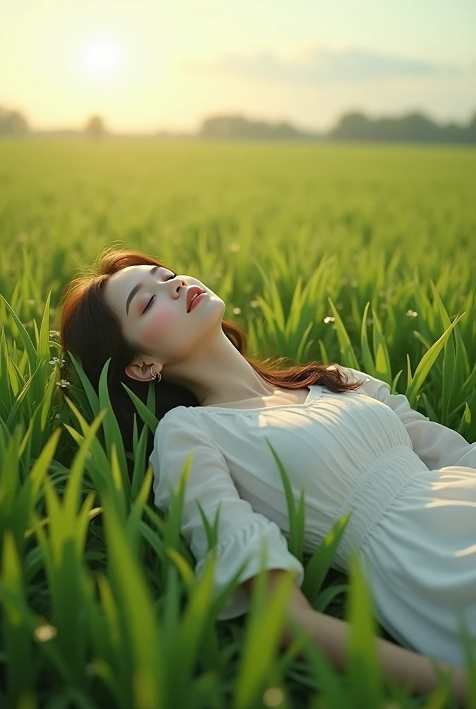 Arafed woman laying on the grass in a white shirt and white skirt - SeaArt AI