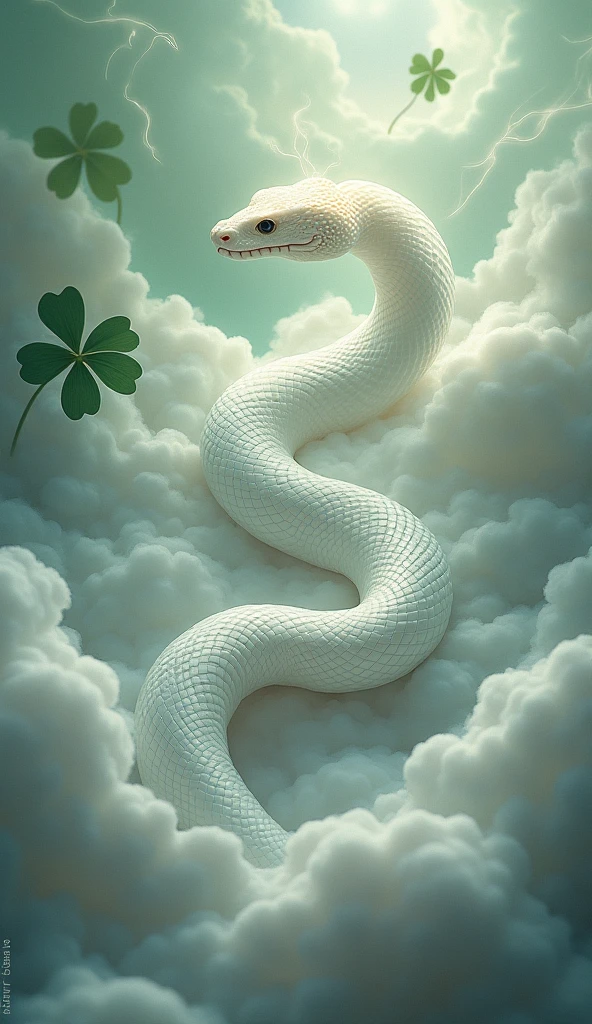 A white snake that shines white 、 clouds in a four-leaf clover - SeaArt AI