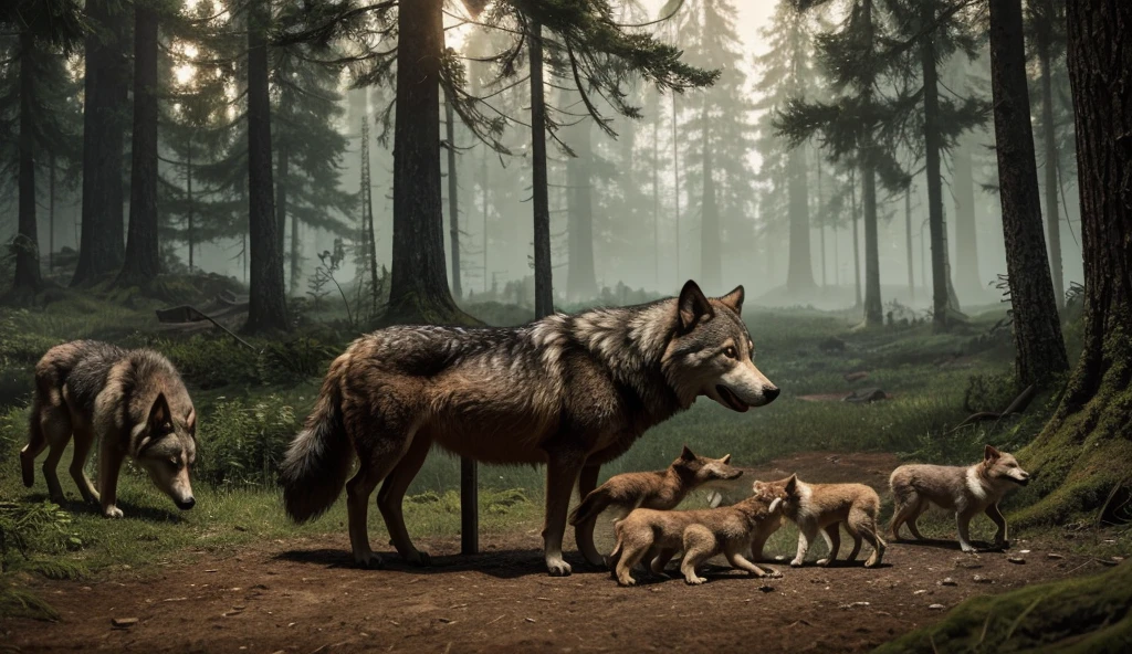 "A completely photorealistic forest scene showing a mother dog tied to ...