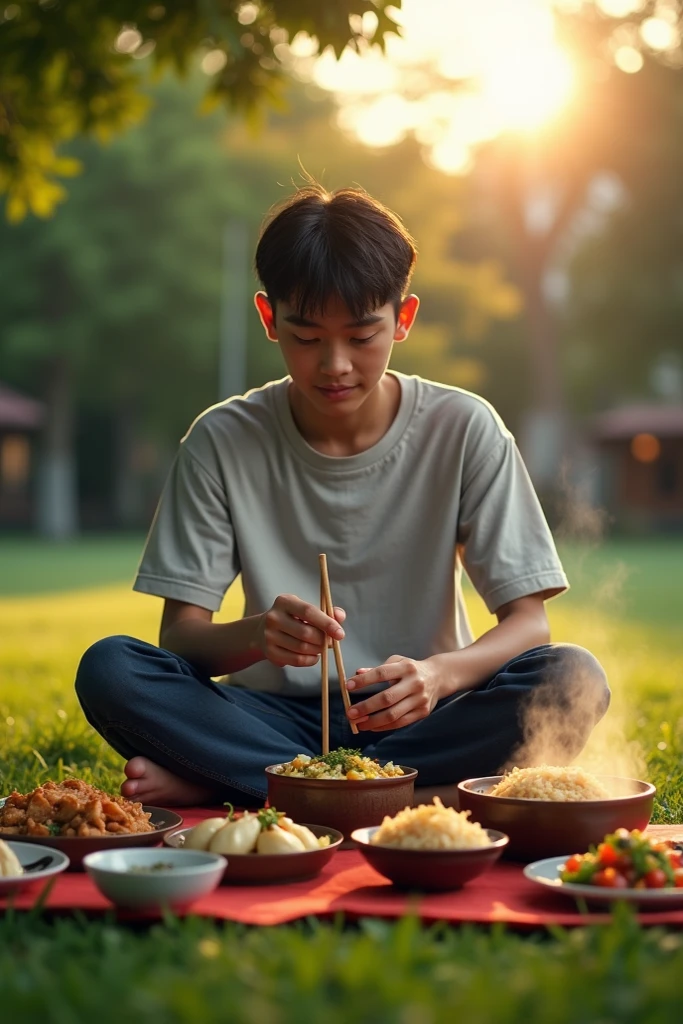 Young man eating Chinese table food alone in the evening on the school ...