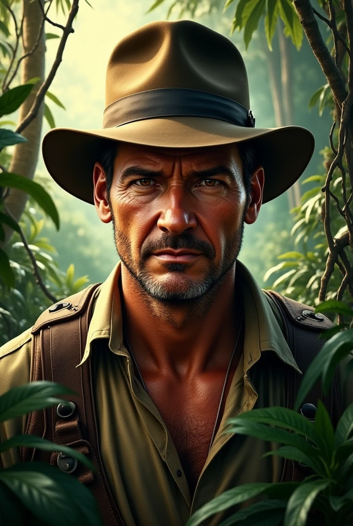 Indiana jones face in the jungle - SeaArt AI
