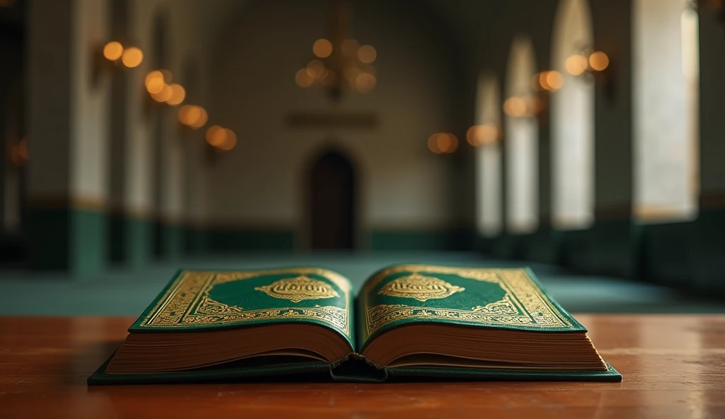 The image depicts a closed Quran, the holy book of Islam. The Quran is ...