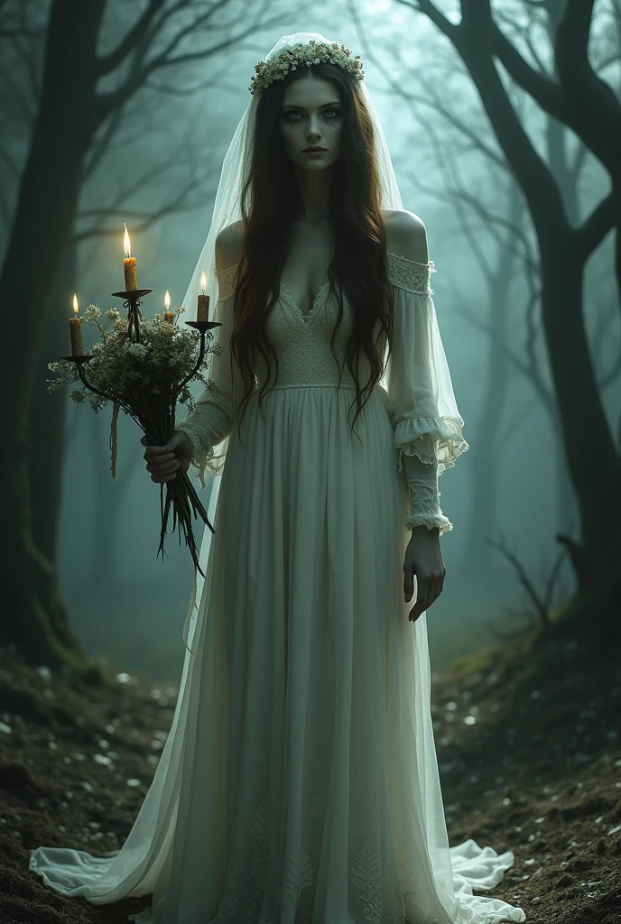 A ghost bride , not very realistic but creepy , in front of a forest ...