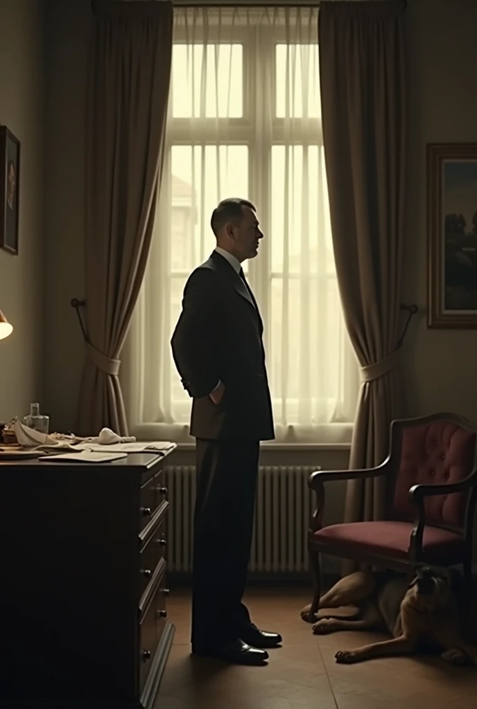 Adolf Hitler standing next to a tall window with heavy curtains ...