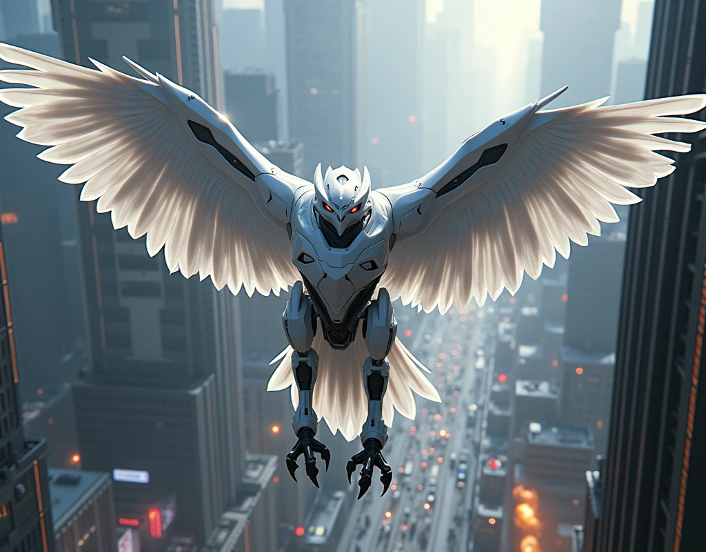 Robo Zord white owl flying in the city over buildings with smoke and ...