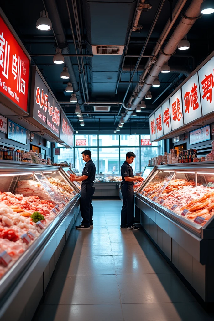 A brnd shop there is all kind of fish & meat frozen. - SeaArt AI