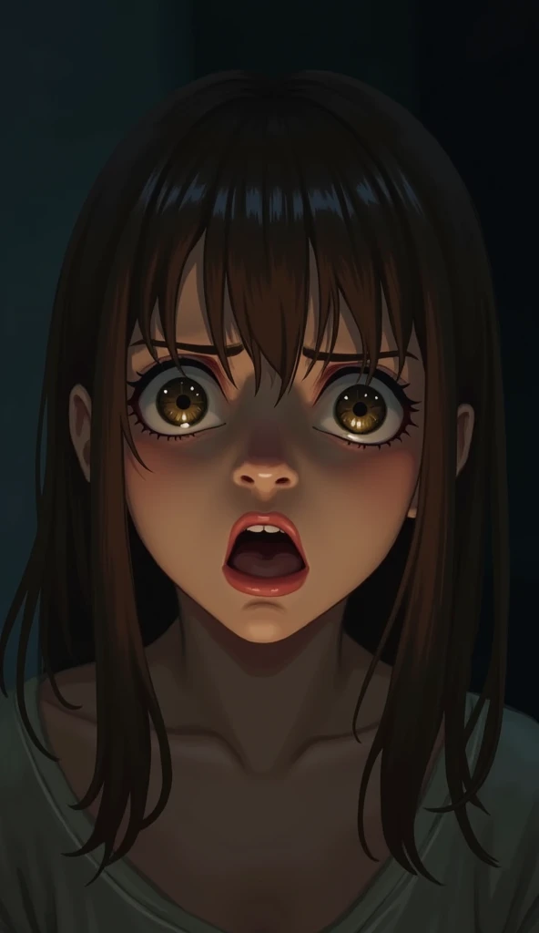 Brown-haired female protagonist, wide eyes, expression of fear - SeaArt AI