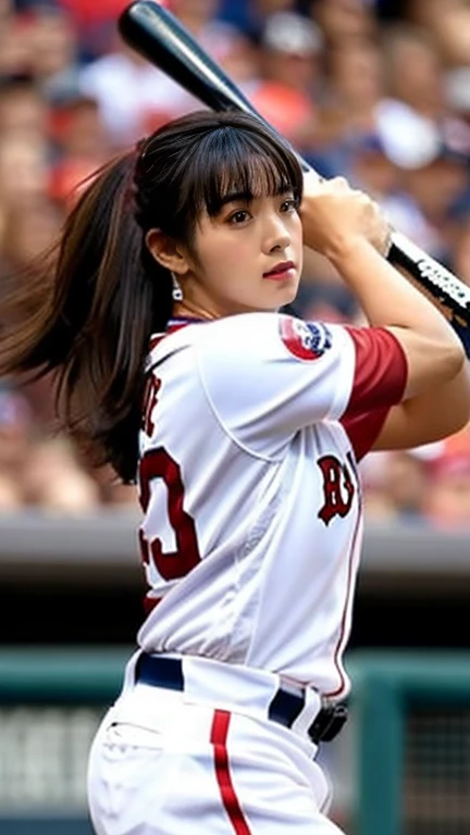 A very beautiful woman wearing a Red Sox uniform,Hitting at Giants ...