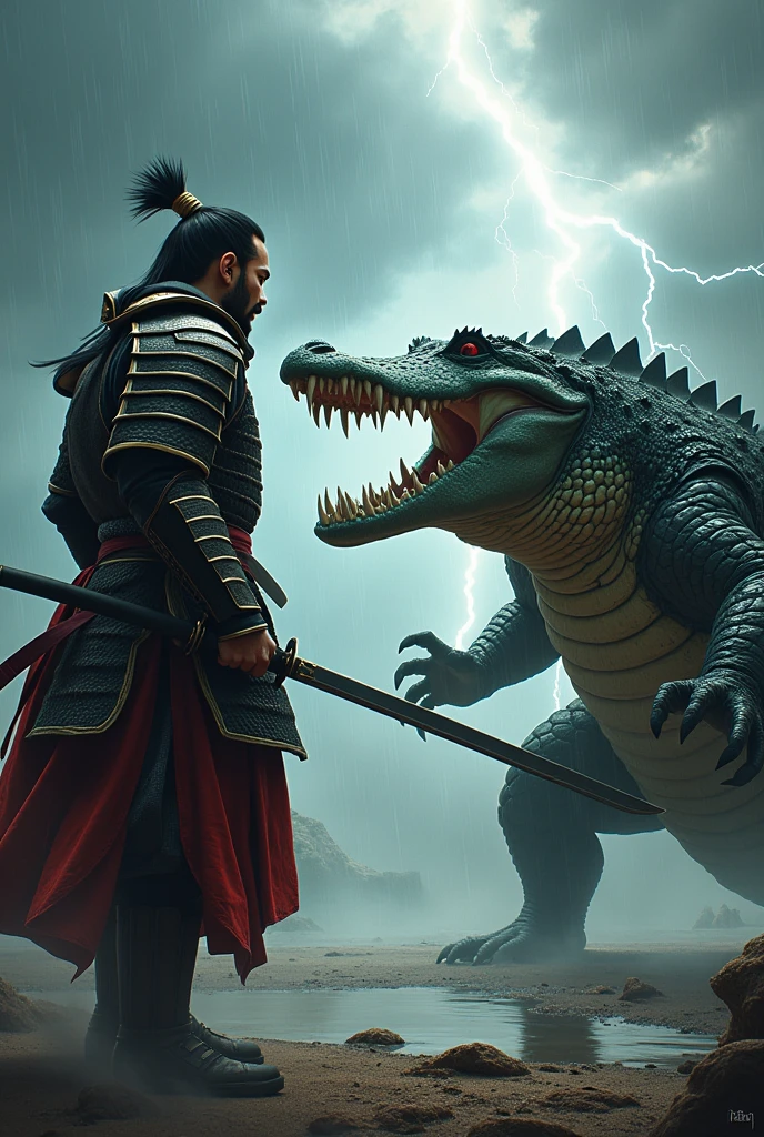 An intense standoff between a fierce samurai and an enraged crocodile ...