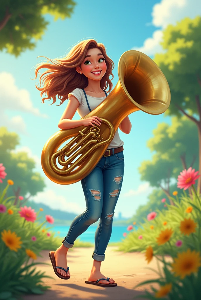 Summer tuba girl in jeans and flip flops - SeaArt AI