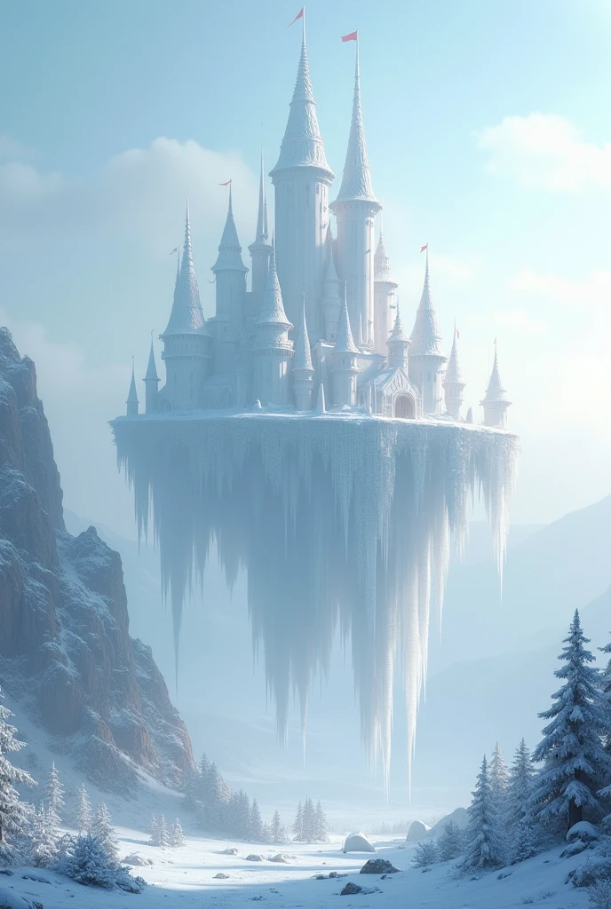 A snowy area that has thin fog and a huge, majestic white palace that ...
