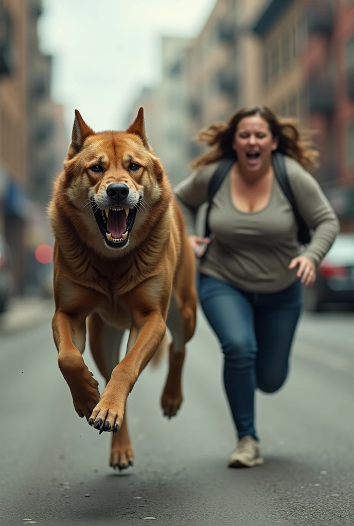 A fierce dog running behind a running fat women, side view, realistic ...