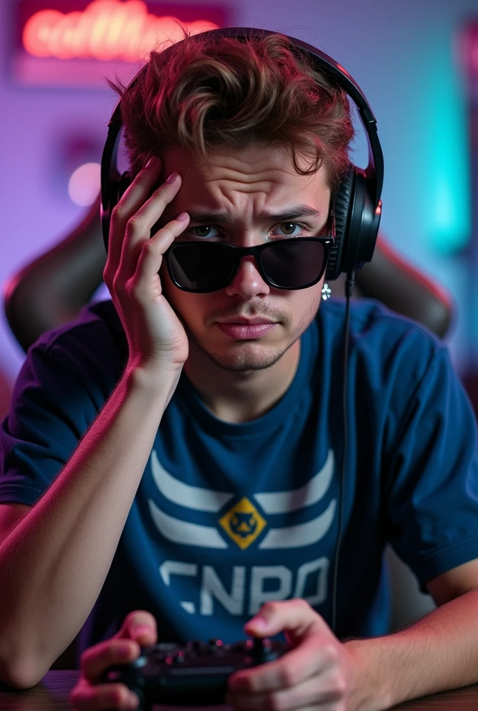 A streamer with a nervous face , sweating and with his hand on his face ...