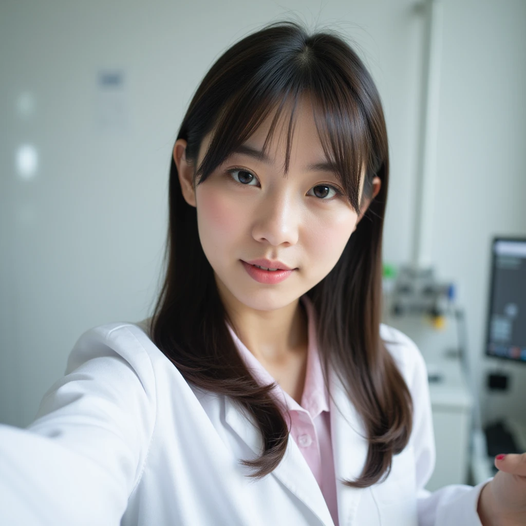 HDR, beautiful selfie of a gorgeous young lady wearing a lab coat ...