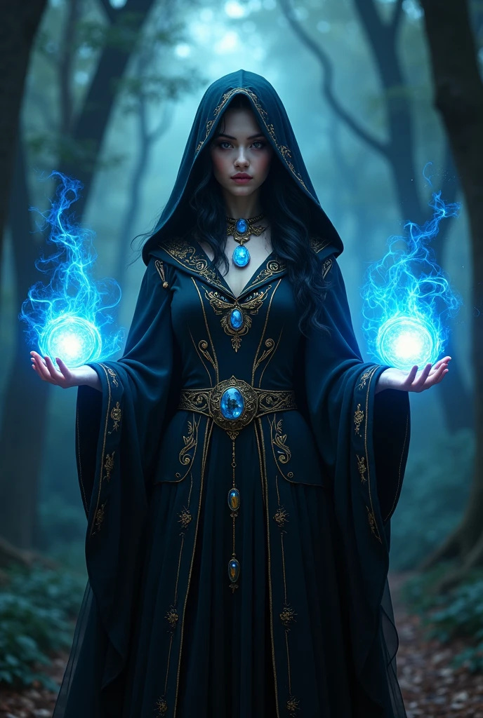 Prompt : An elegant and mystical sorceress, dressed in a black robe ...