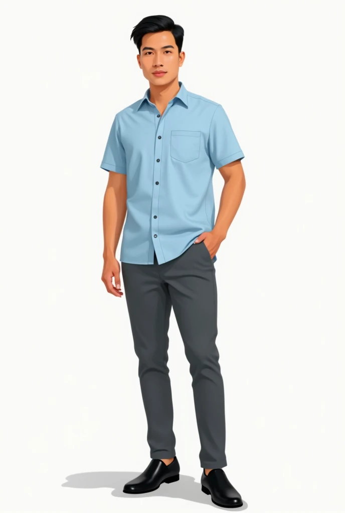 Generate a picture, a filipino modern man wearing a light blue polo ...