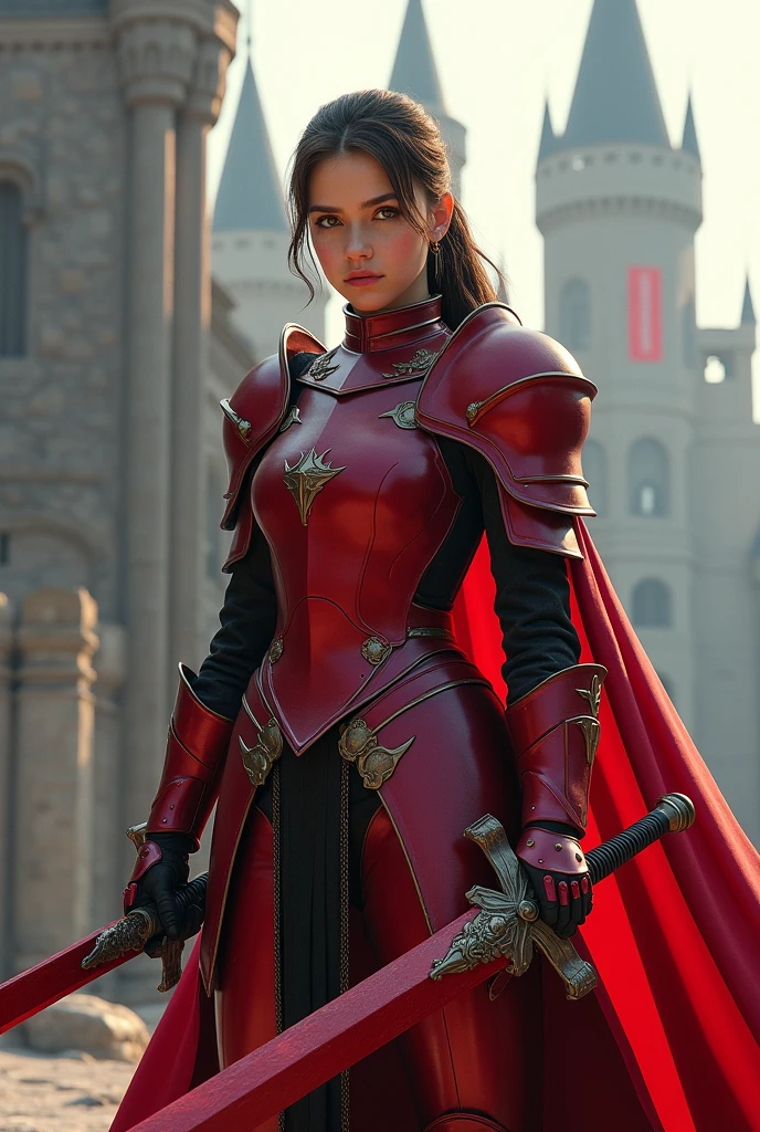 Female Knight, young woman, Brave expression, standing in front of a ...