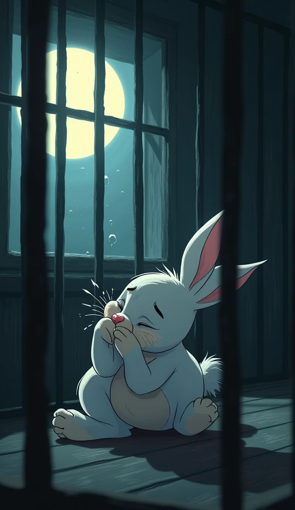 The beautiful white rabbit, Thumper, begins to cry softly in his cage ...