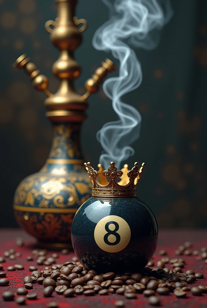 8 ball with a gold crown backed by a large hookah pipe and smoke with ...