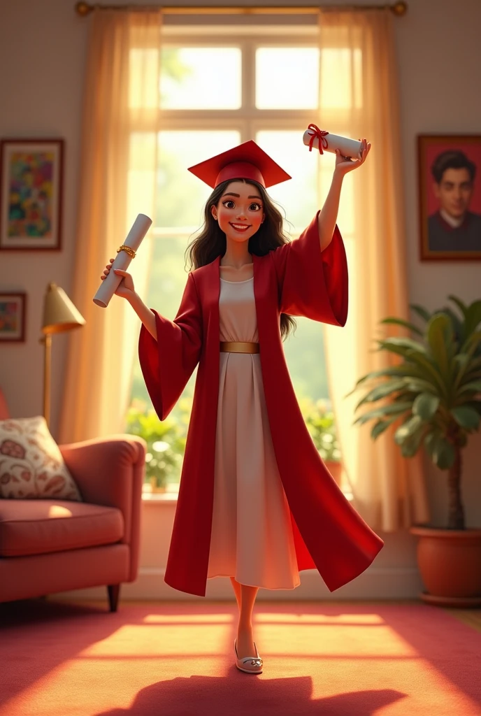 Pixar-style poster of a woman wearing a graduation hat and dress in the ...