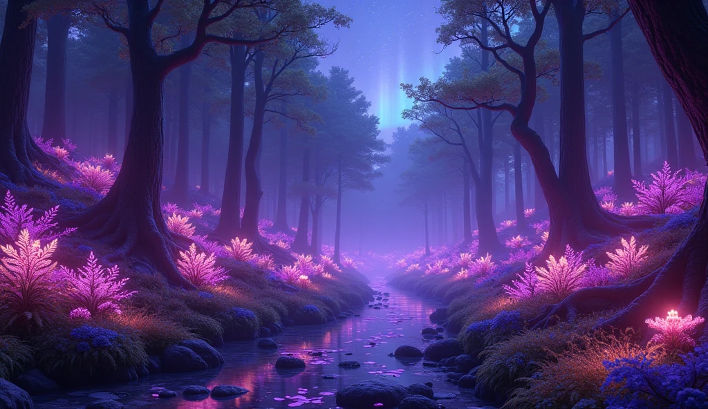 A forest without water , full of luminous ferns , (night)), clear sky ...