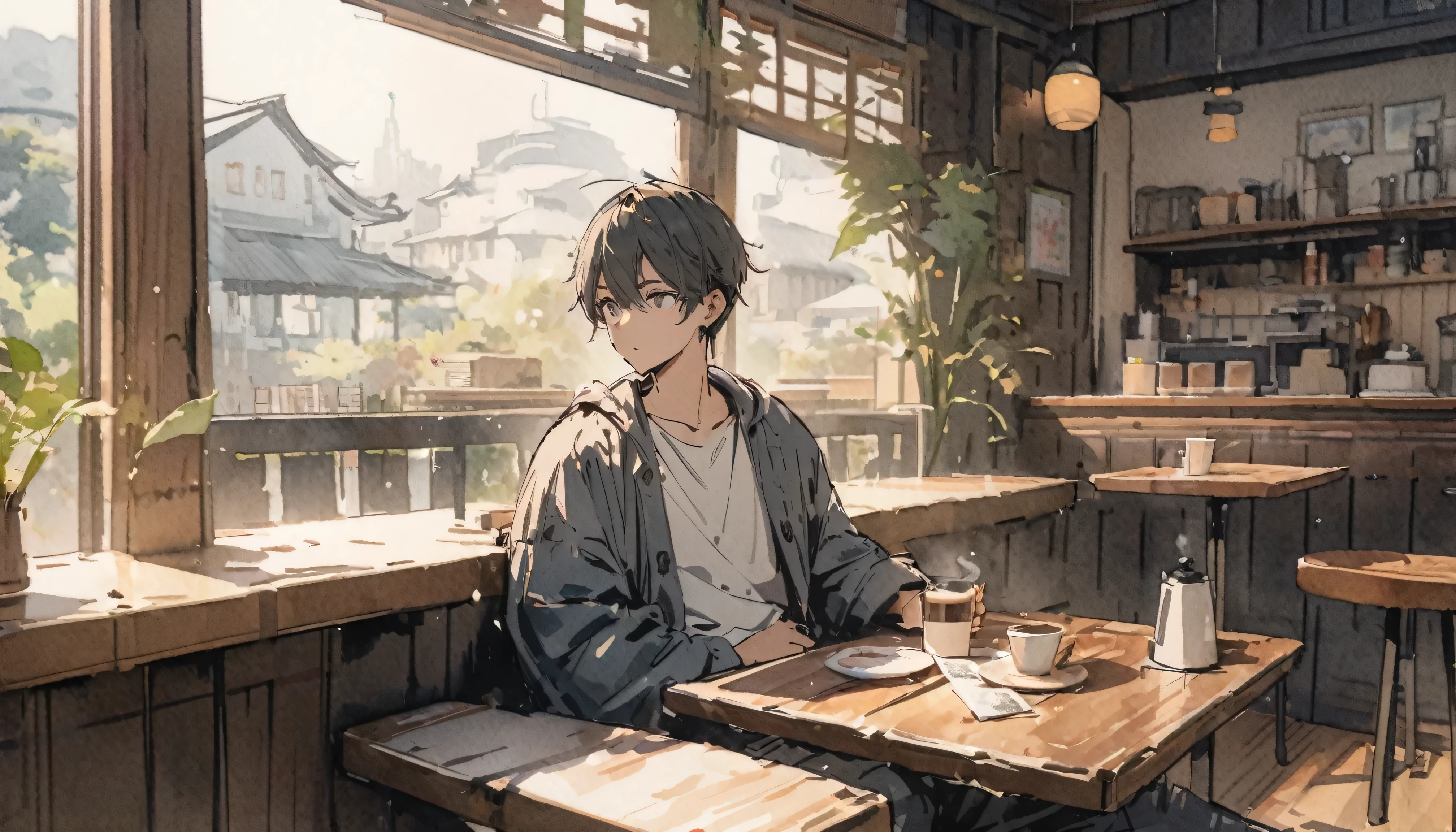 Anime - style illustration of a man sitting at a table with a cup of ...