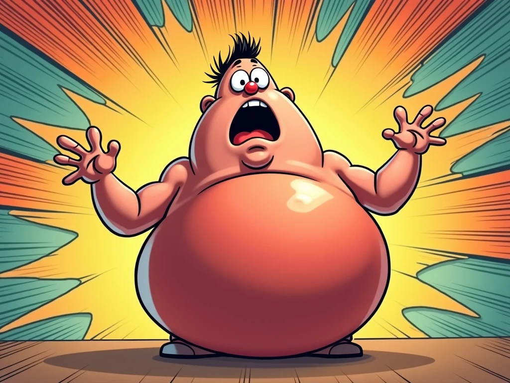 "A humorous cartoon-style 2D human character inflating like a balloon ...