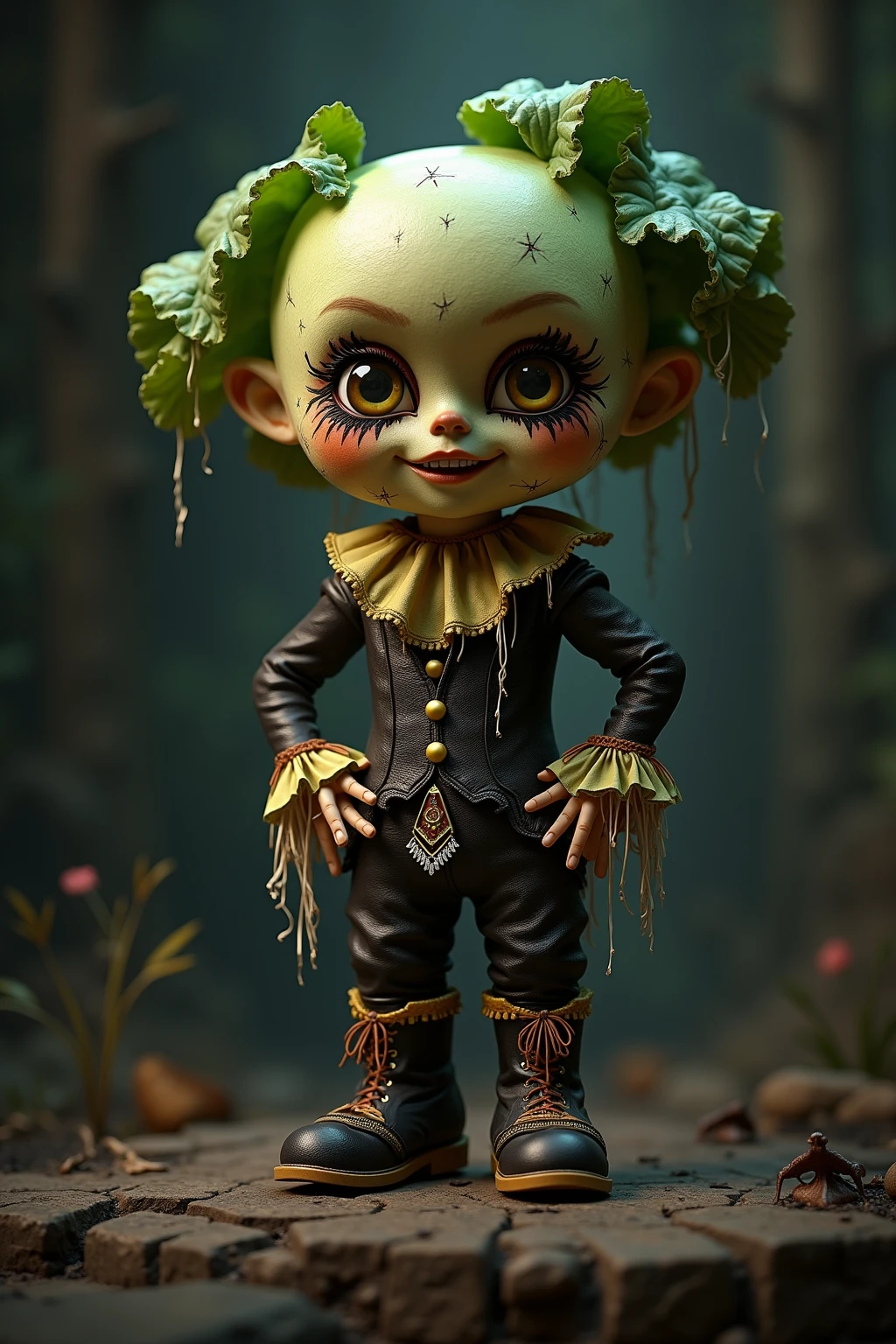 Generate images of kawaii chibi character of (lettuce head) zany ...