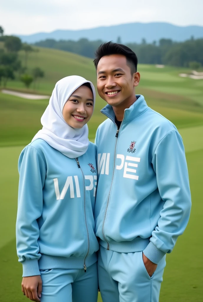 ,portrait of young Indonesian man and woman wearing hijab and light blue tracksu - SeaArt AI