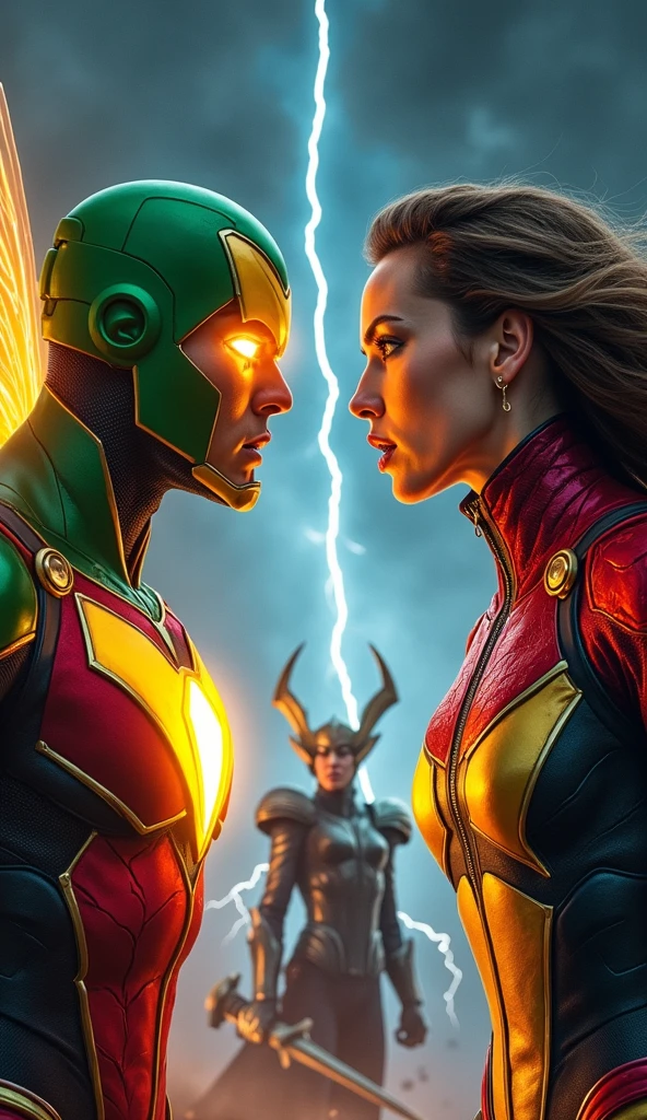 "An intense battle scene with Vision, The Wasp (Hope van Dyne - SeaArt AI