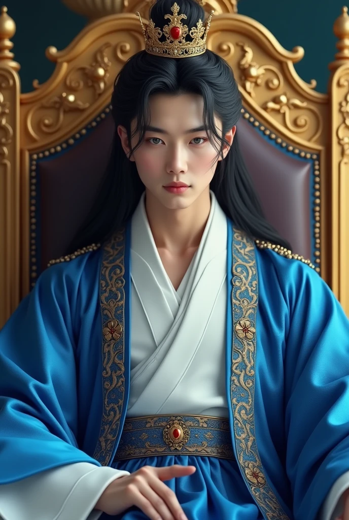 A 25 year old korean king a handsome sitting in a golden chair - SeaArt AI