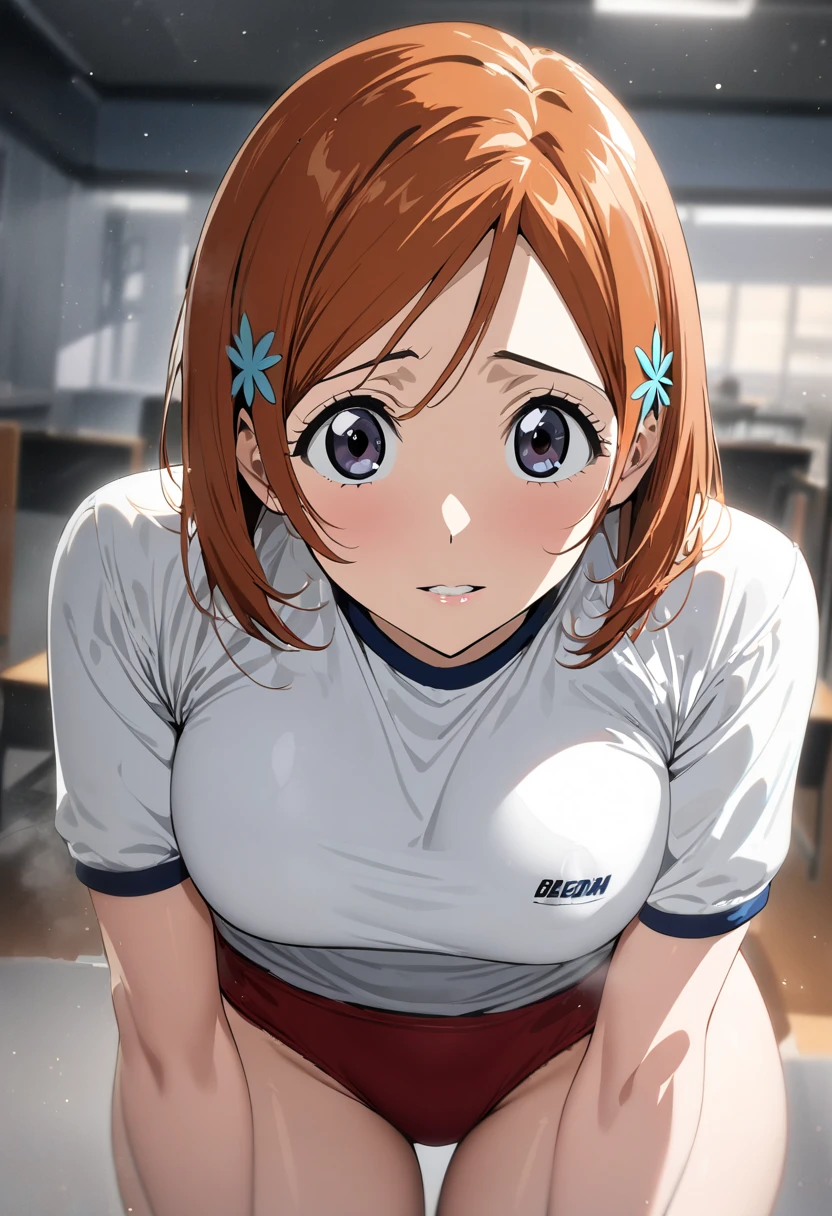 1girl,inoue orihime,bleach, white gym shirt and deep red buruma - SeaArt AI