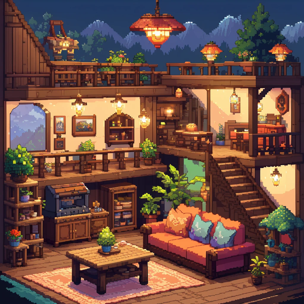 A pixel-art style cozy house inspired by Terraria, featuring three ...